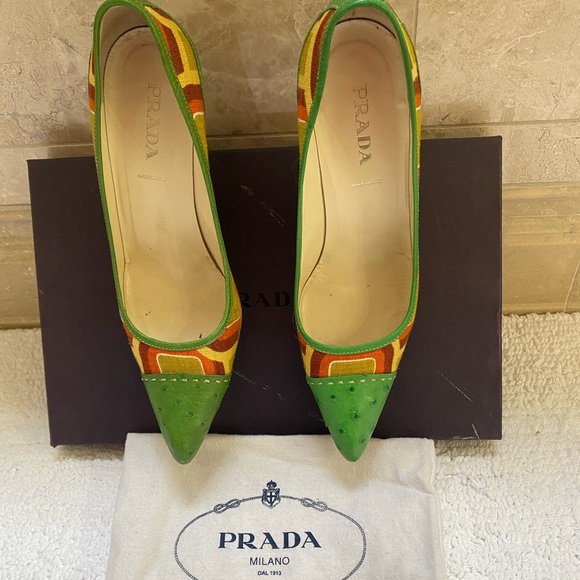 Prada | Shoes | Prada Heels Green Snake Toes And Heels With Geometric ...